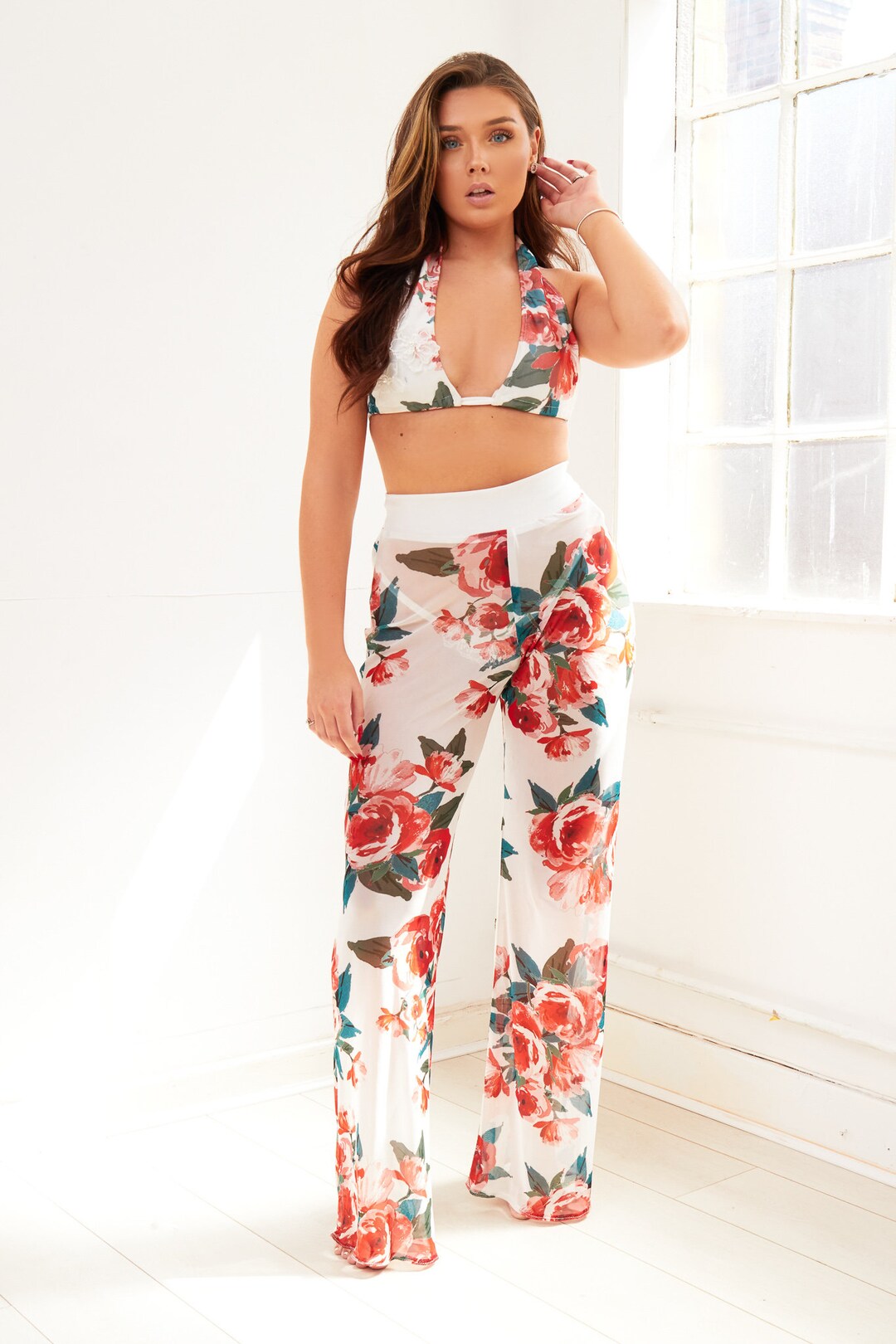 Senorita Bold Floral Print Sheer Beach Wear Trousers Etsy