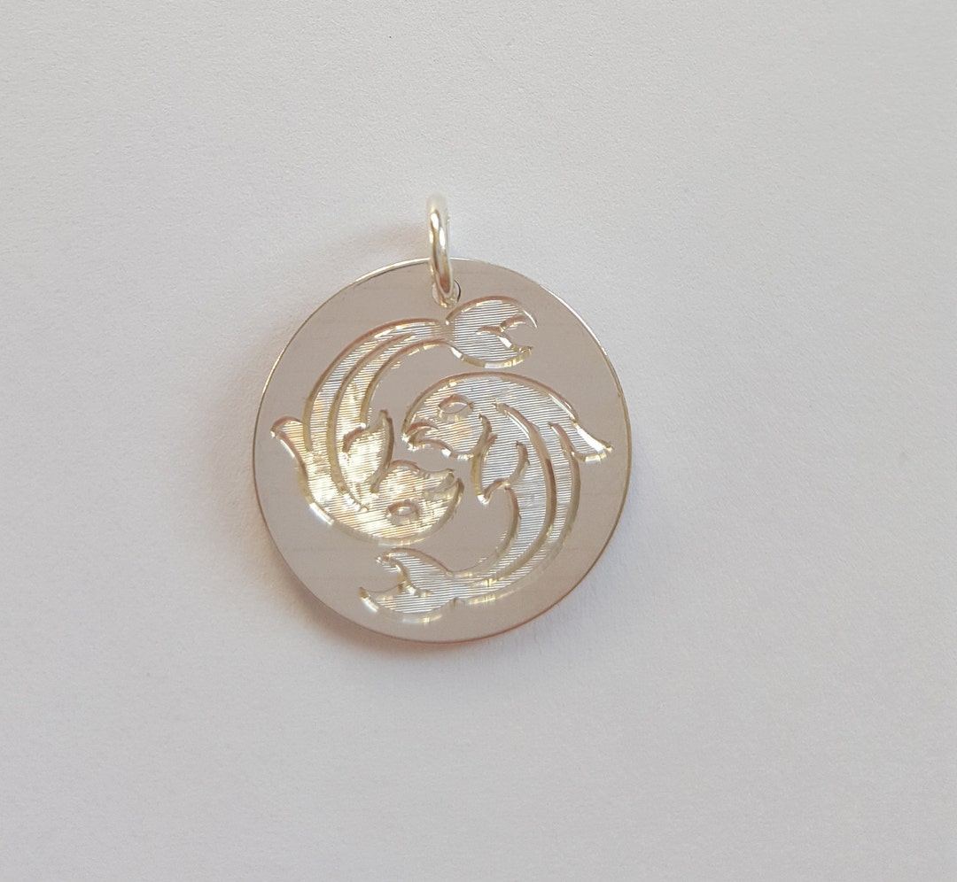 Pisces Hand Engraved Zodiac Symbol Pendant in 925 Sterling Silver ...
