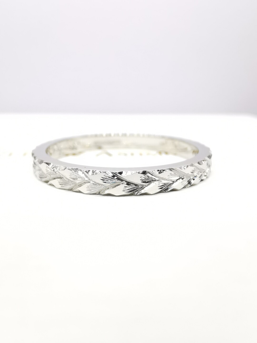 Adelia - Leaf Design Hand Engraved Ring 2mm Available in 950 Platinum, 18ct or 9ct Yellow, White ...