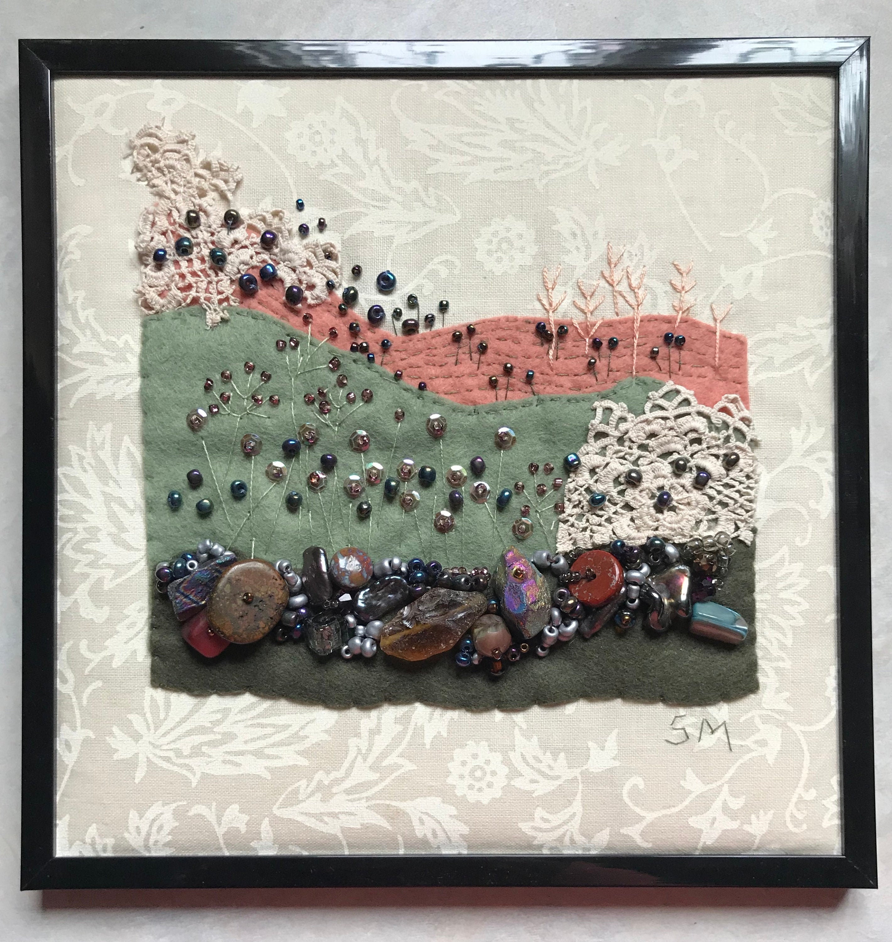 Lace & Landscape Field, Rock-wall, Embroidery Wildflowers, Beaded - Etsy