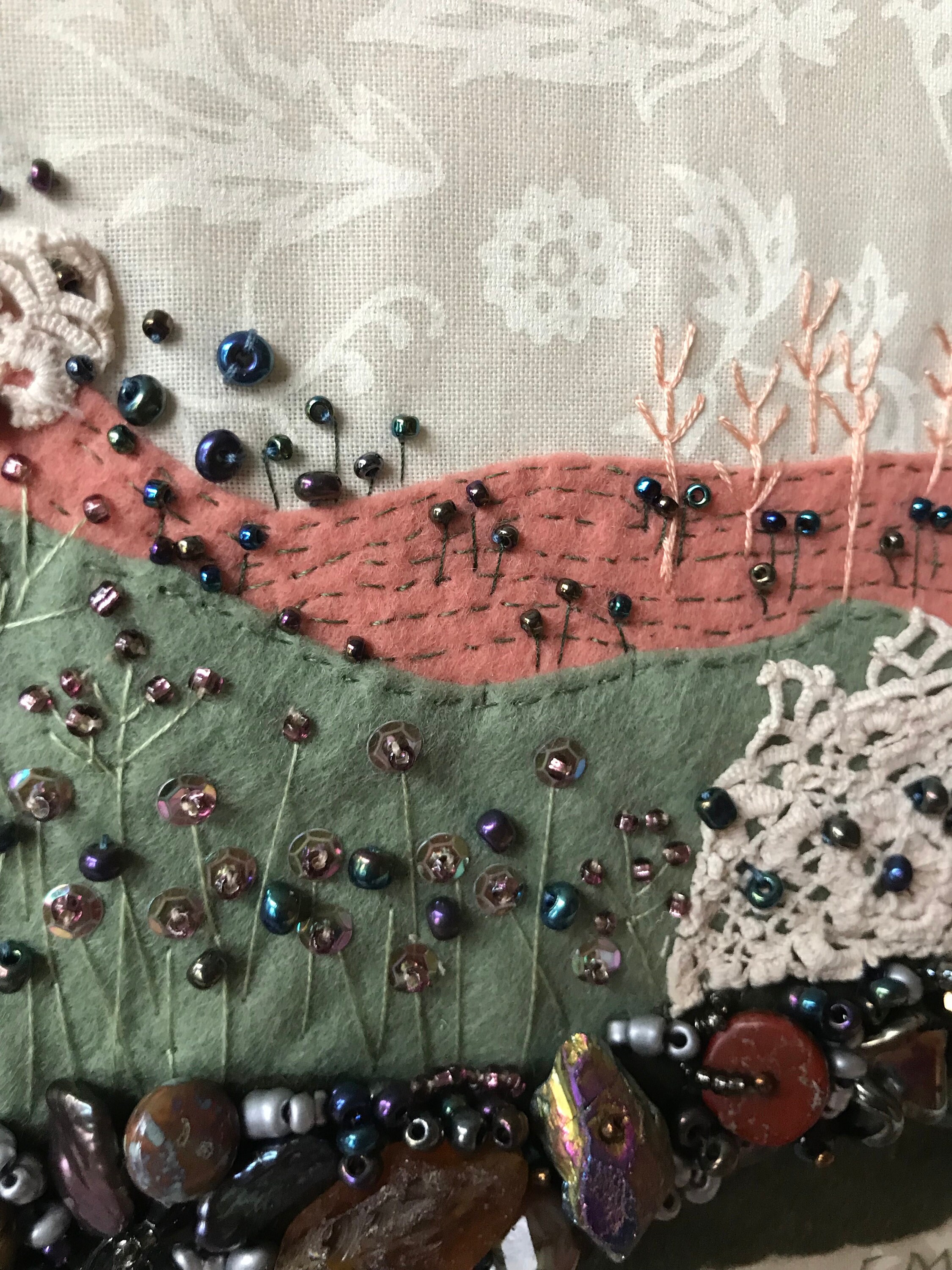 Lace & Landscape Field, Rock-wall, Embroidery Wildflowers, Beaded - Etsy