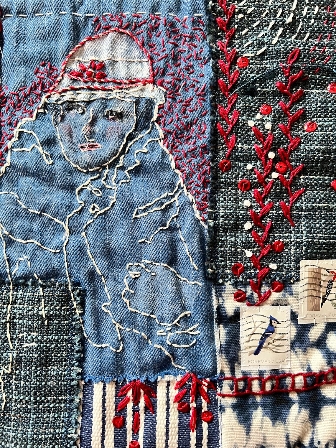 Art Quilt Hand Stitched Collage With Bird Postage Stamps and Hand ...