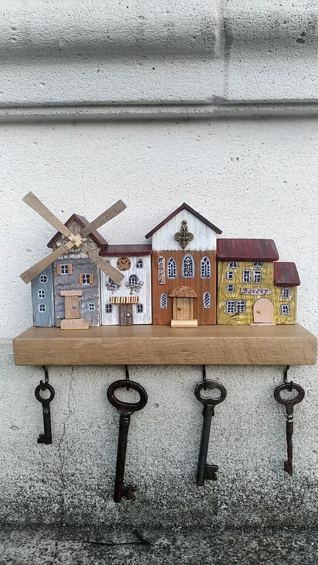 Rustic Wooden Key Holder With Colorful Houses, Village Style Organizer ...