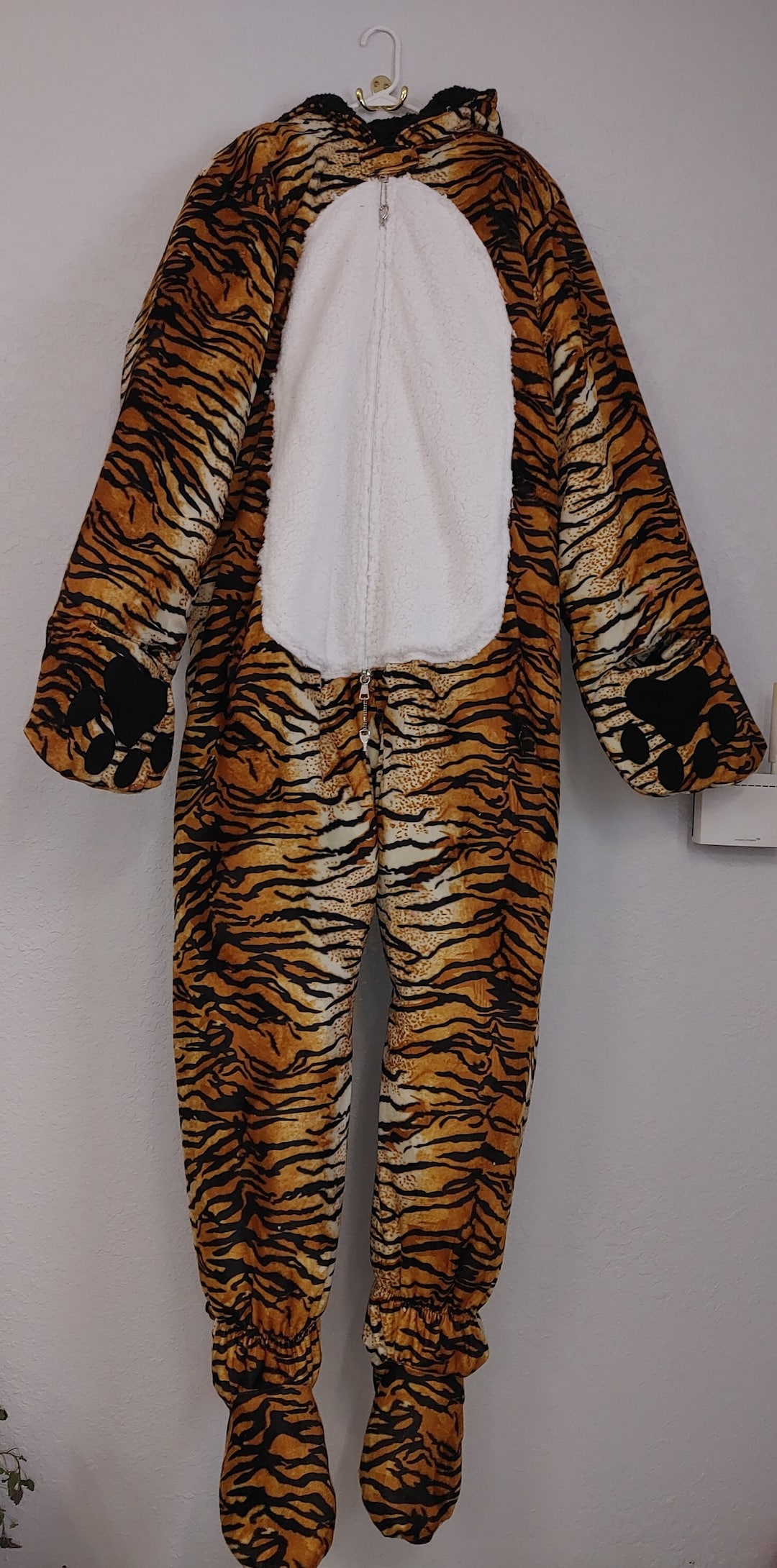 TIGER Velboa 3 Layer Plush Suit Footie With Tail, Locking Zippers, Paws ...