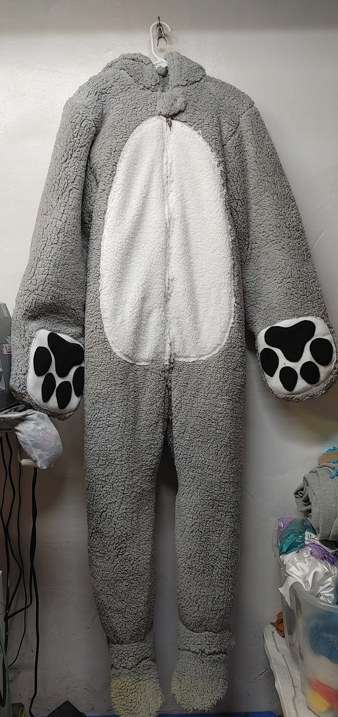 Plush Wolf Husky 3 Layer Plush Suit Footie With Tail, Locking Zippers ...