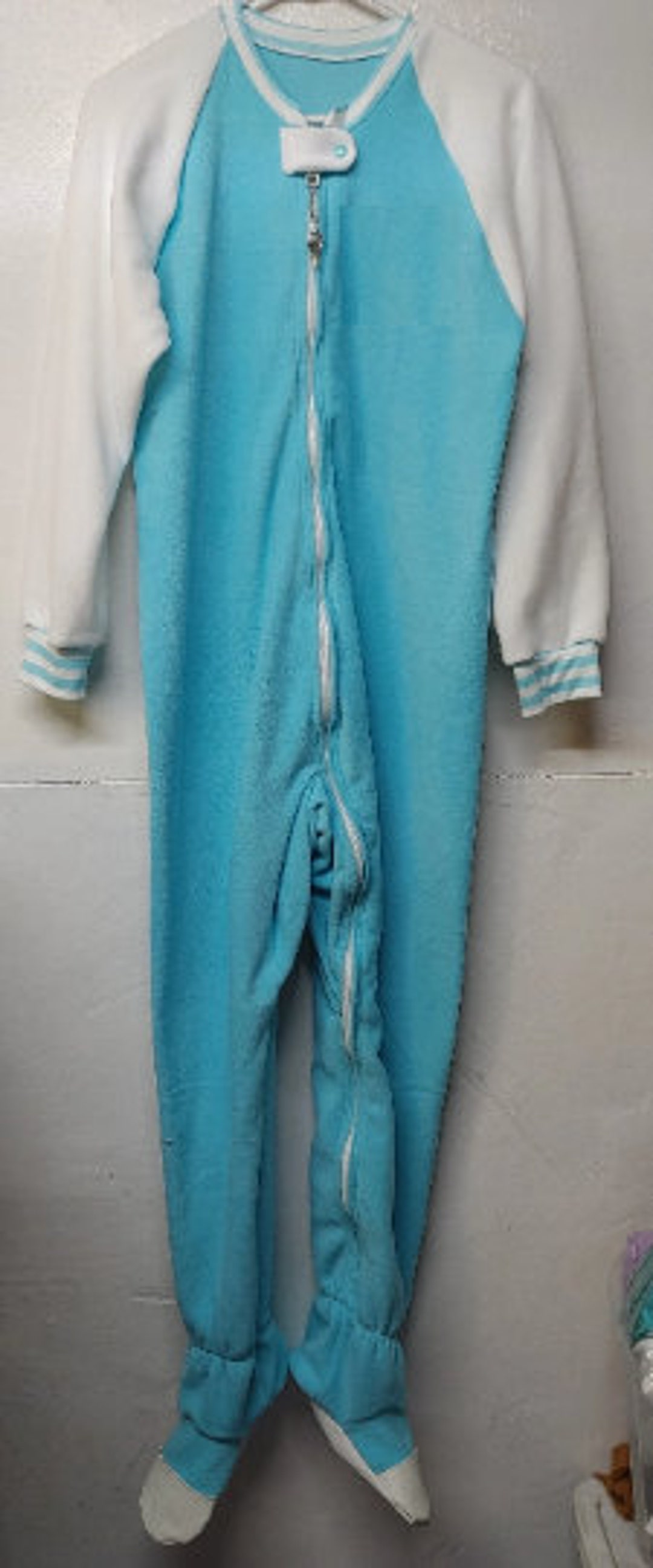 Vintage Aqua & White Plush Fleece Footie Pajama Featuring Locking ...
