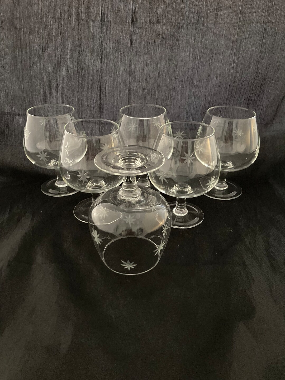 Set of 2 Mid Century Modern Star Etched Crystal Brandy Snifter Glasses ...
