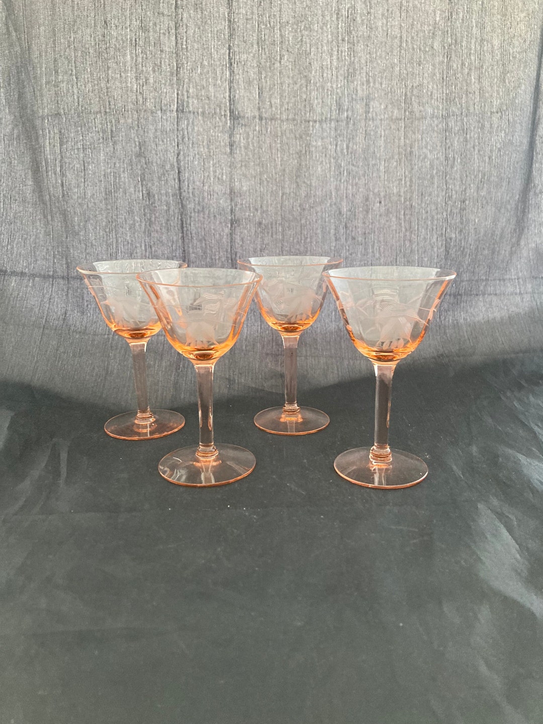 Set of 2 Vintage Pink Floral Etched Crystal SMALL 2 OZ Liquor Cocktail ...
