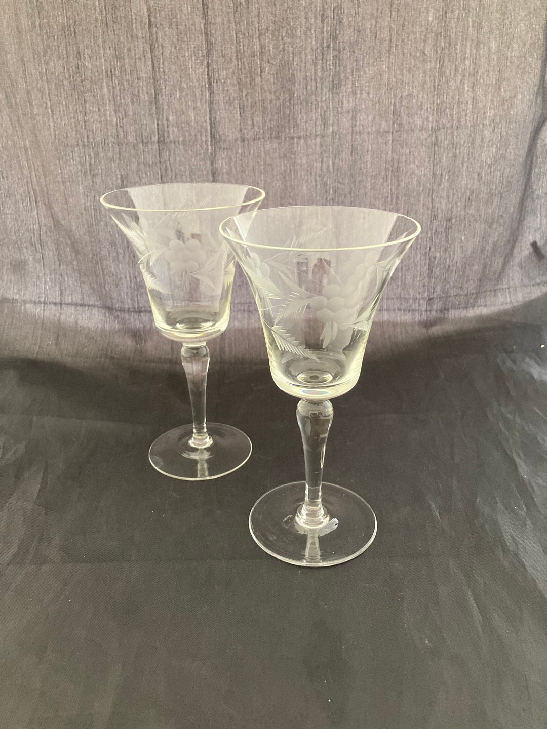 Set of 2 Antique Floral Etched Wine / Water Goblets, Flared Bell Shaped ...