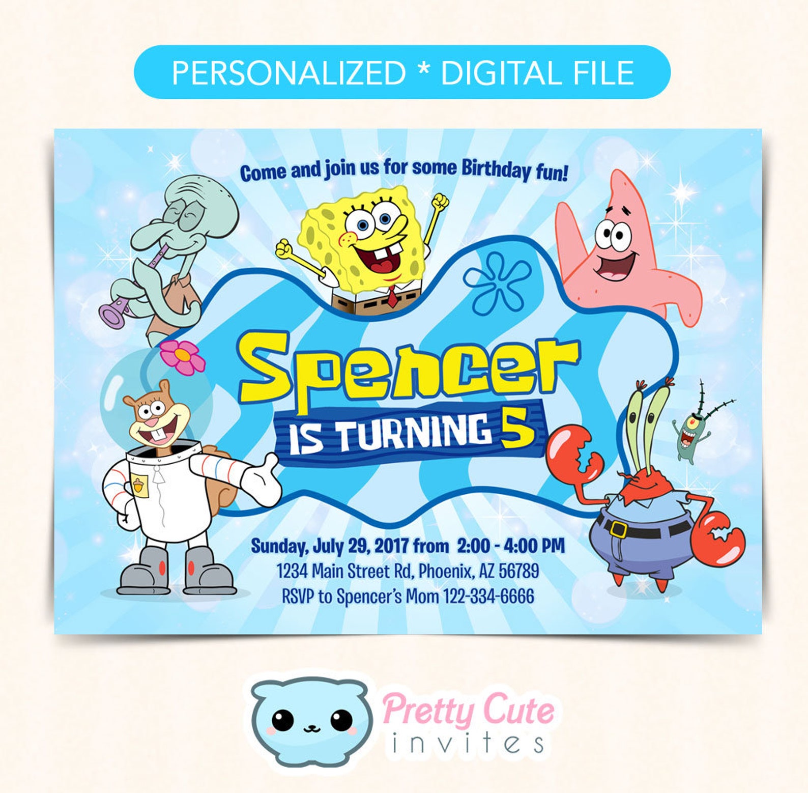 Spongebob Invitation, Spongebob Birthday Invite, Spongebob Party Invite ...