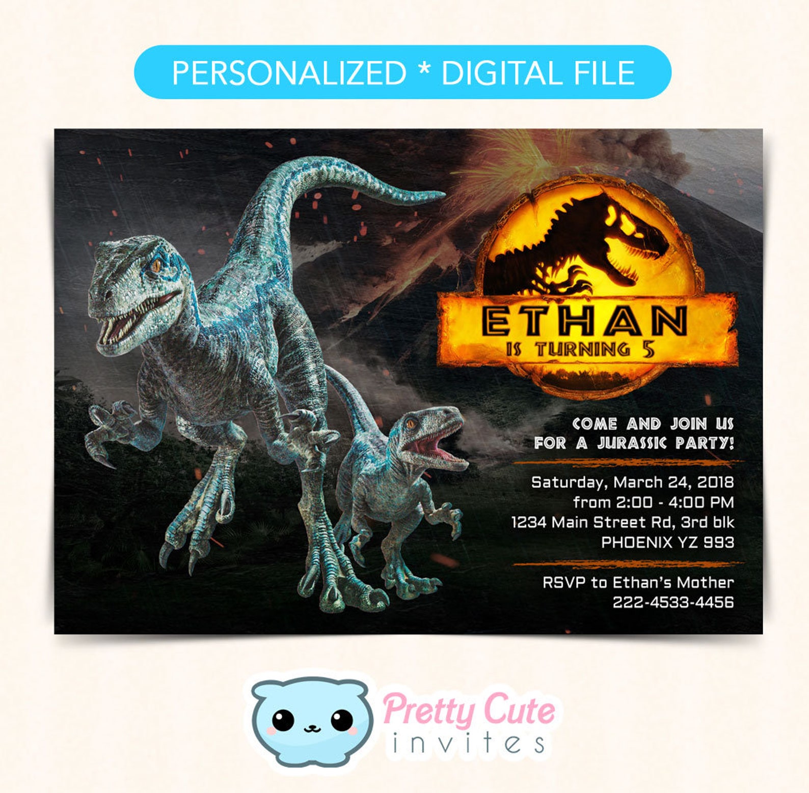 Jurassic World Blue Invitation, Jurassic World Birthday Invitation ...