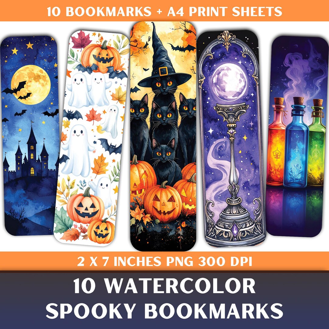Halloween Bookmarks Printable Set: Spooky Designs (PNG + A4 Sheets ...