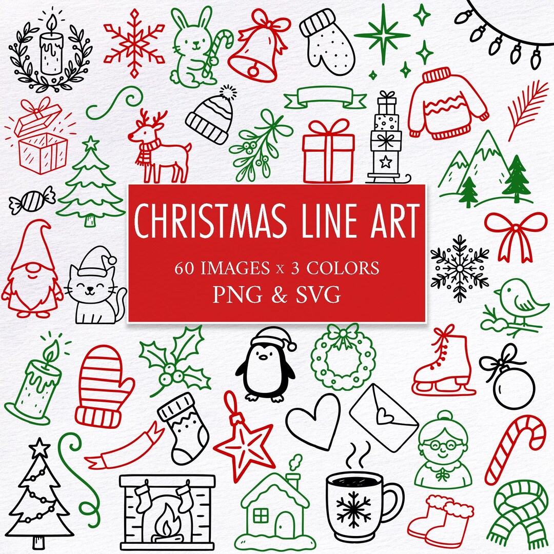 Christmas Line Art Clipart Bundle | Holiday Doodle Elements (PNG, SVG ...