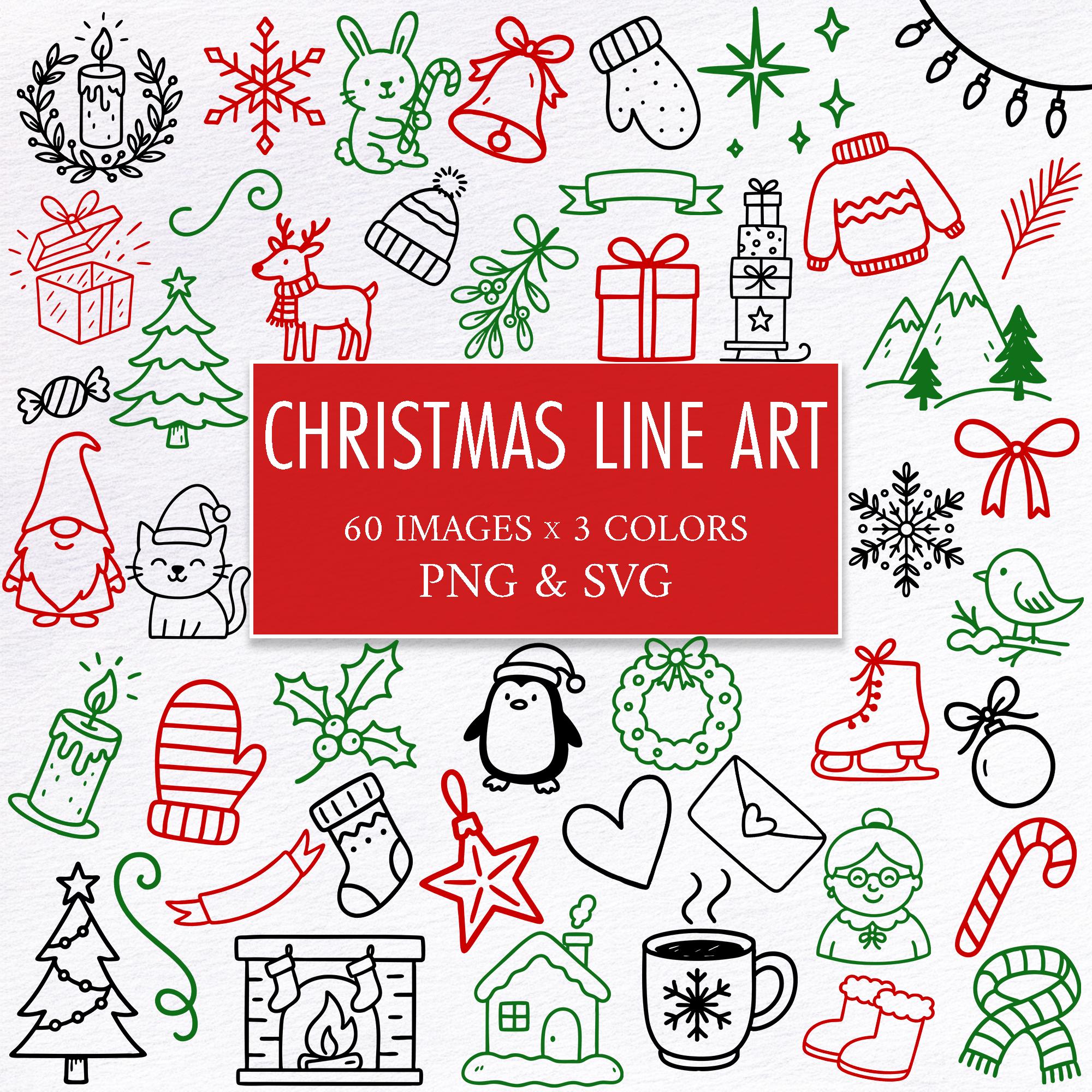 Christmas Line Art Clipart Bundle | Holiday Doodle Elements (PNG, SVG ...