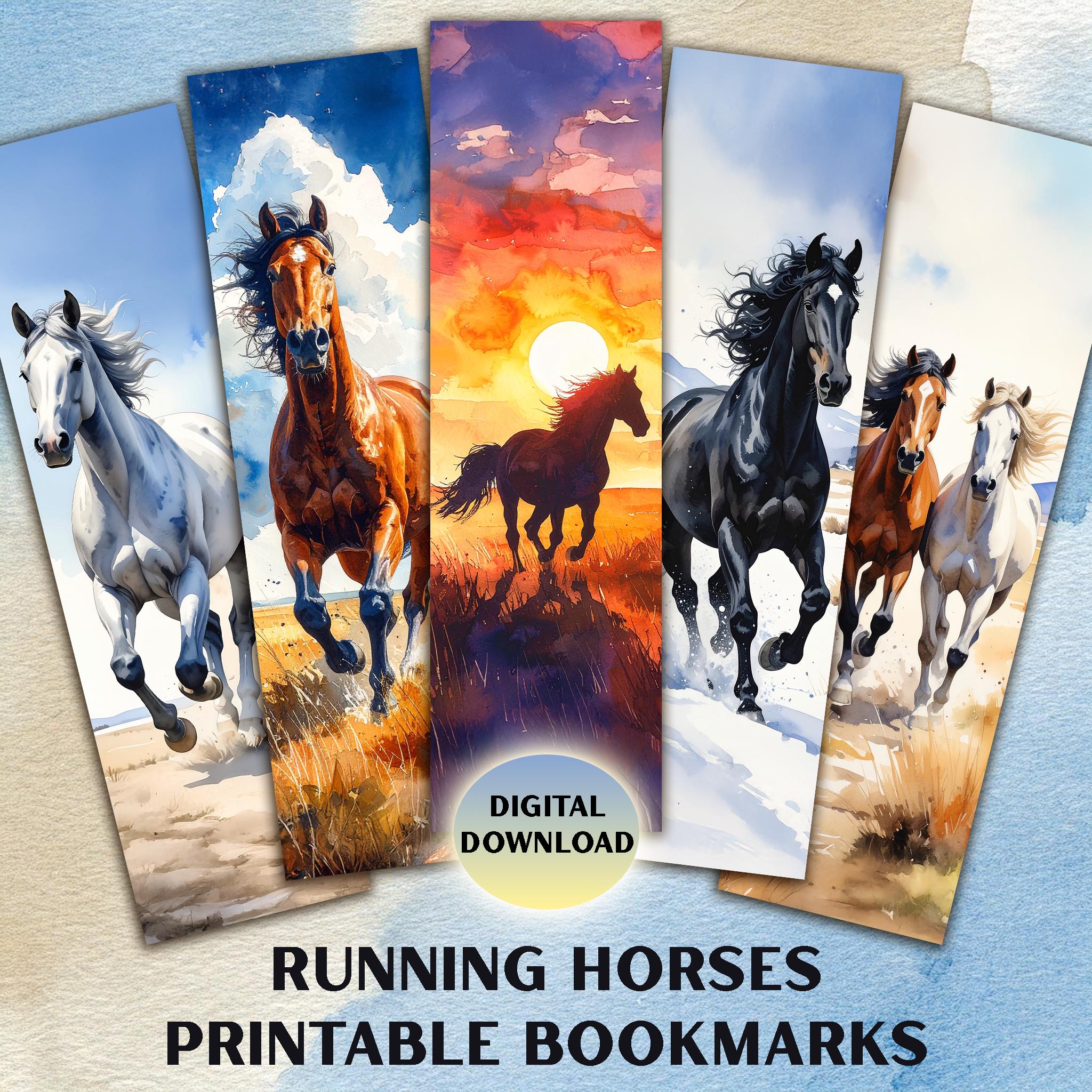 Running Horses Printable Bookmark Set, Watercolor Prairie Horse ...