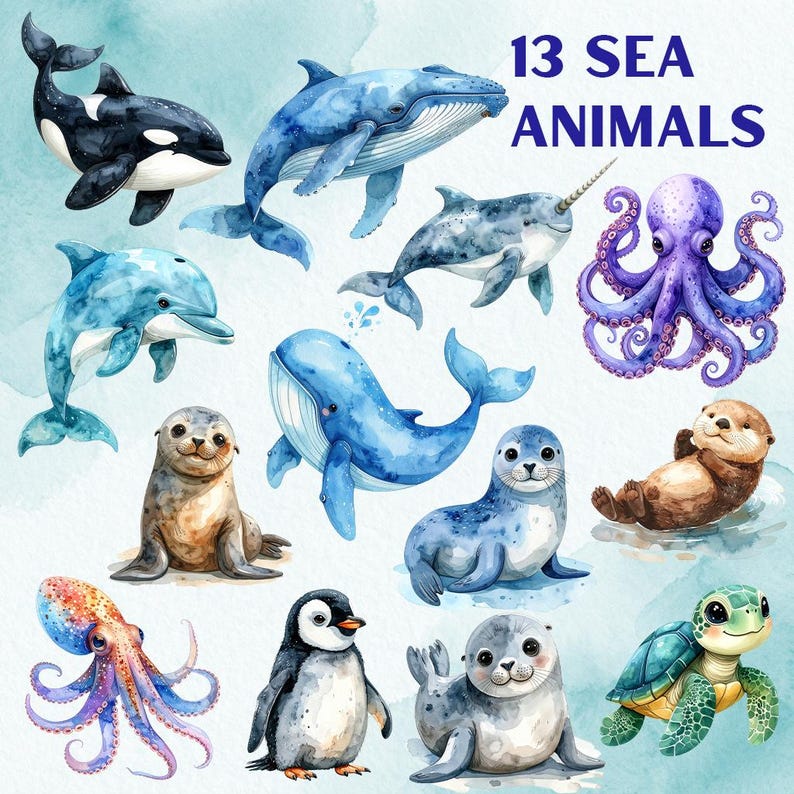 Watercolor Ocean Life Clipart Bundle | Sea Animals, Fish, Coral ...