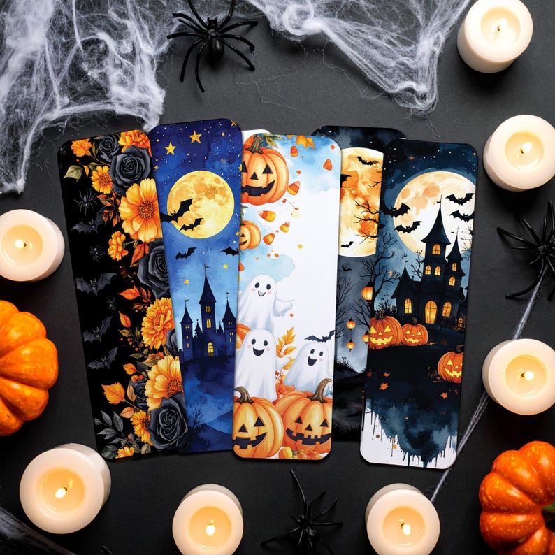 Halloween Bookmarks Printable Set: Spooky Designs (PNG + A4 Sheets ...