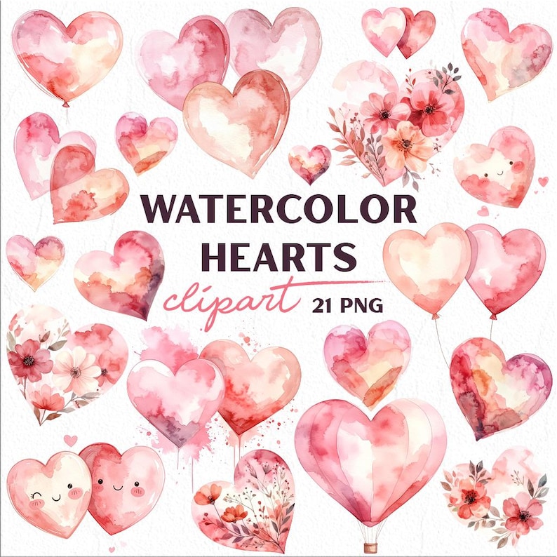Watercolor Hearts Clipart Set, Valentine’s Day PNG, Pink Love Hearts ...