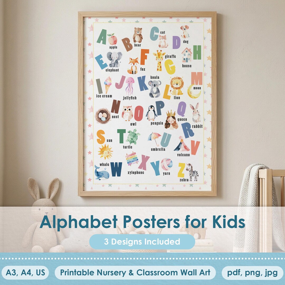A-Z Alphabet Poster Set for Kids Printable, ABC Wall Art Nursery Decor ...