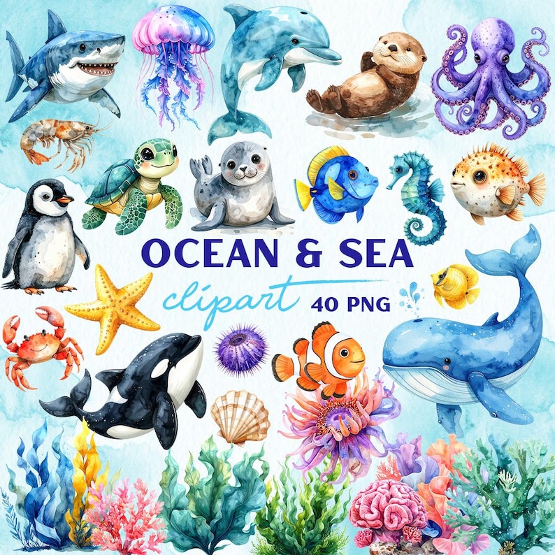 Watercolor Ocean Life Clipart | Sea Animals, Fish, Coral & Seaweed PNG ...