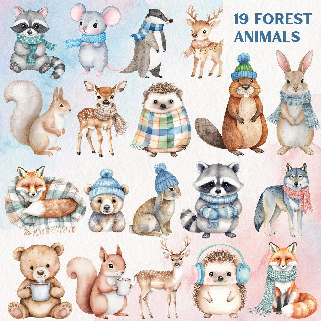 Cozy Winter Animals Clipart Set - 40 Watercolor Forest Birds & Animals ...