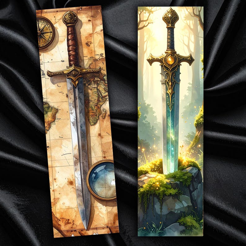 Watercolor Fantasy Bookmarks: Dragons, Swords, Crystals (digital ...
