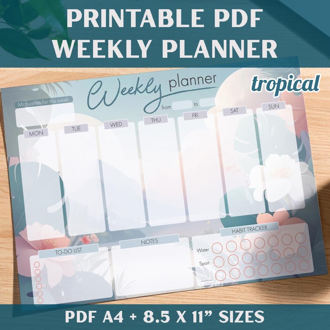 Pastel Weekly Planner Printable | A4 & US Letter PDF | Tropical ...