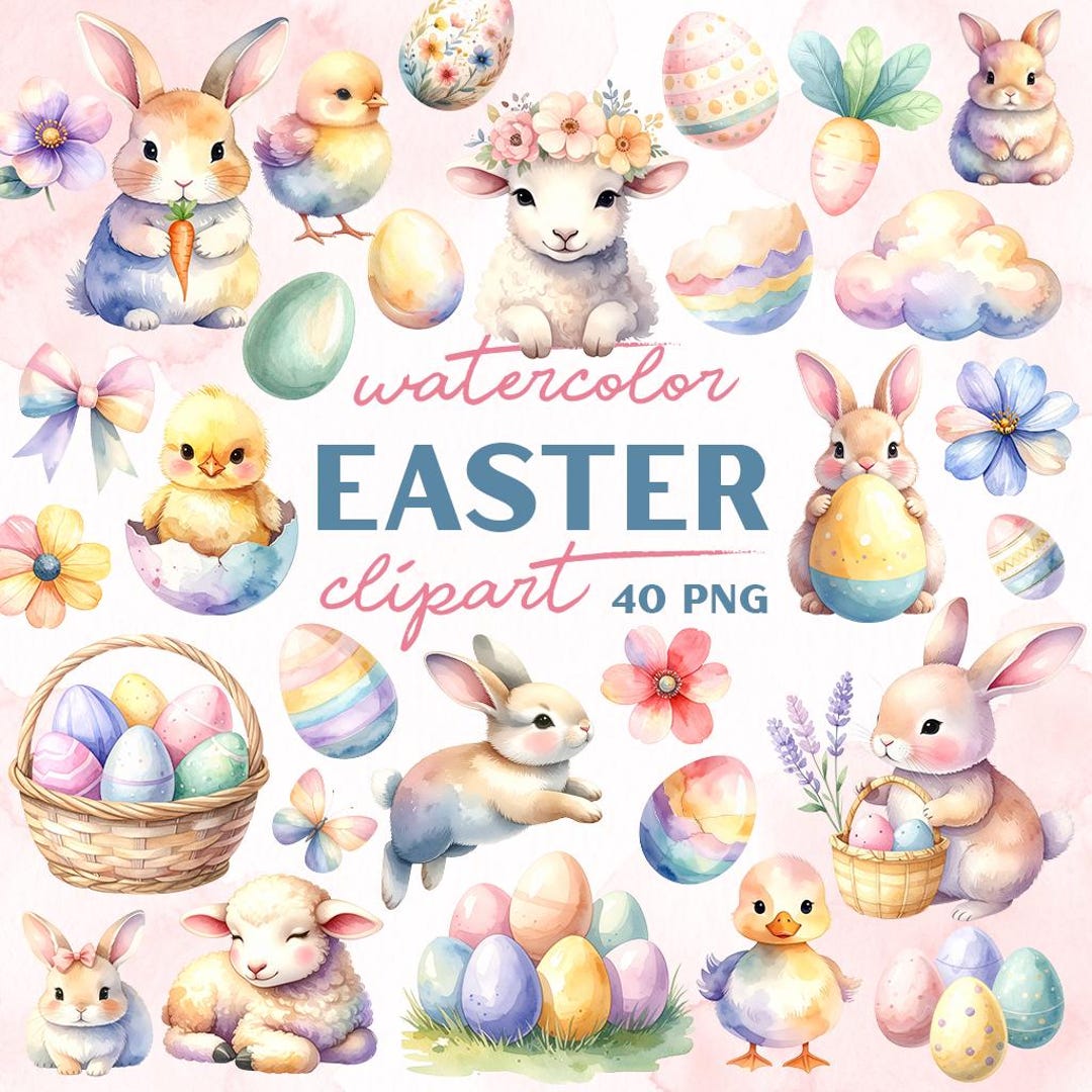 Watercolor Easter Clipart Set – Pastel Bunnies, Chicks, Lambs ...