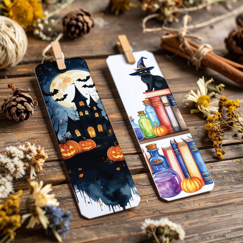 Halloween Bookmarks Printable Set: Spooky Designs (PNG + A4 Sheets ...