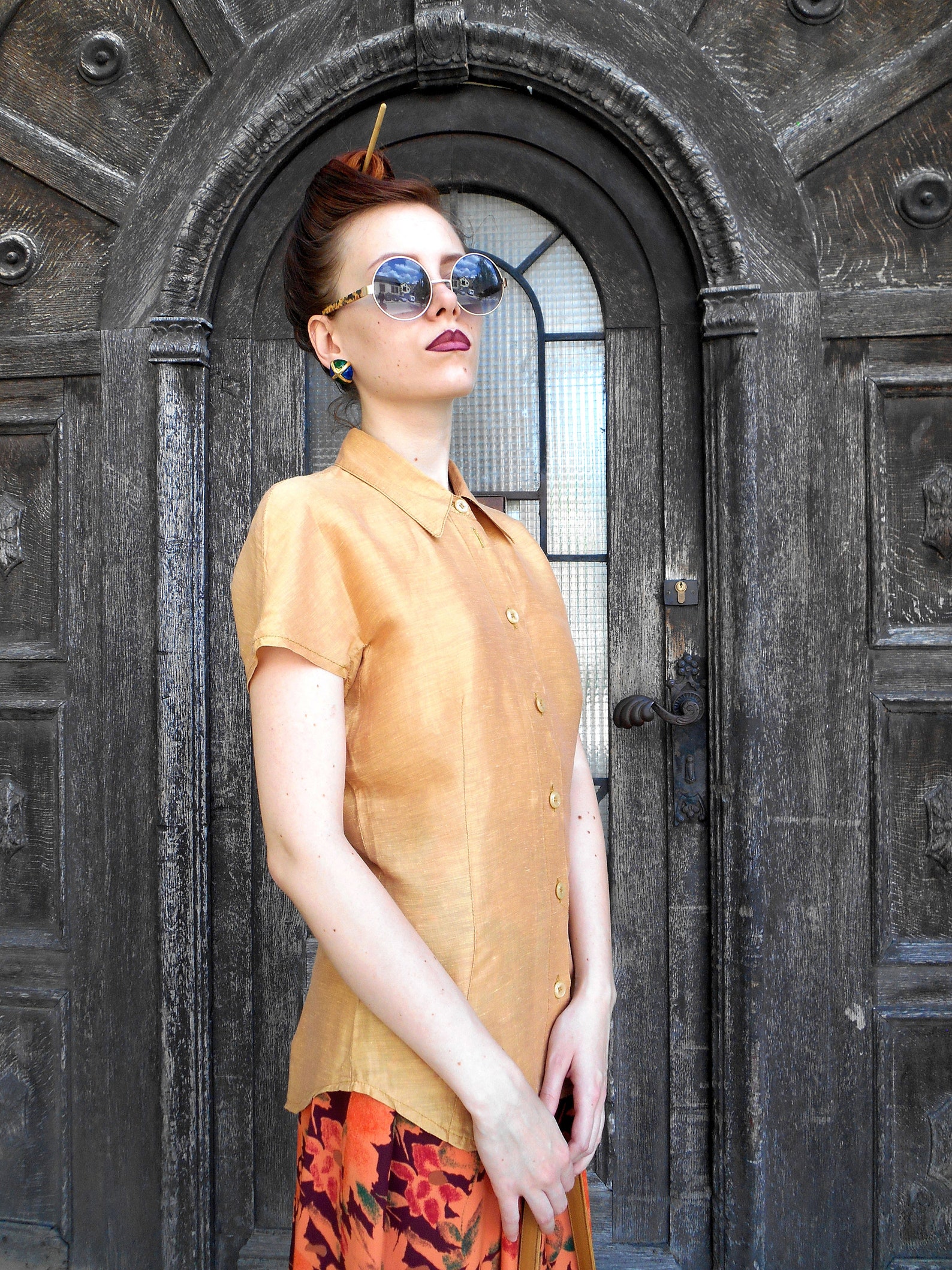 Vintage Mustard Yellow Golden Blouse, Fitted Romantic Blouse, Casual ...