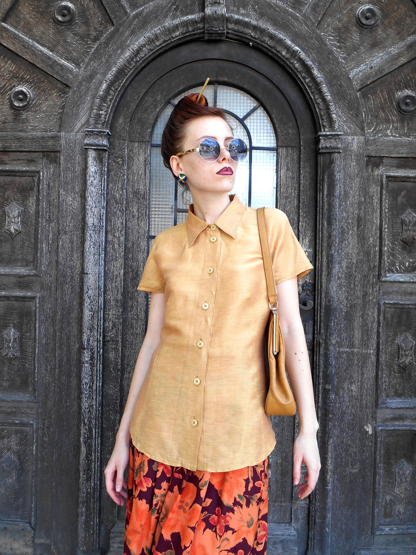 Vintage Mustard Yellow Golden Blouse, Fitted Romantic Blouse, Casual ...