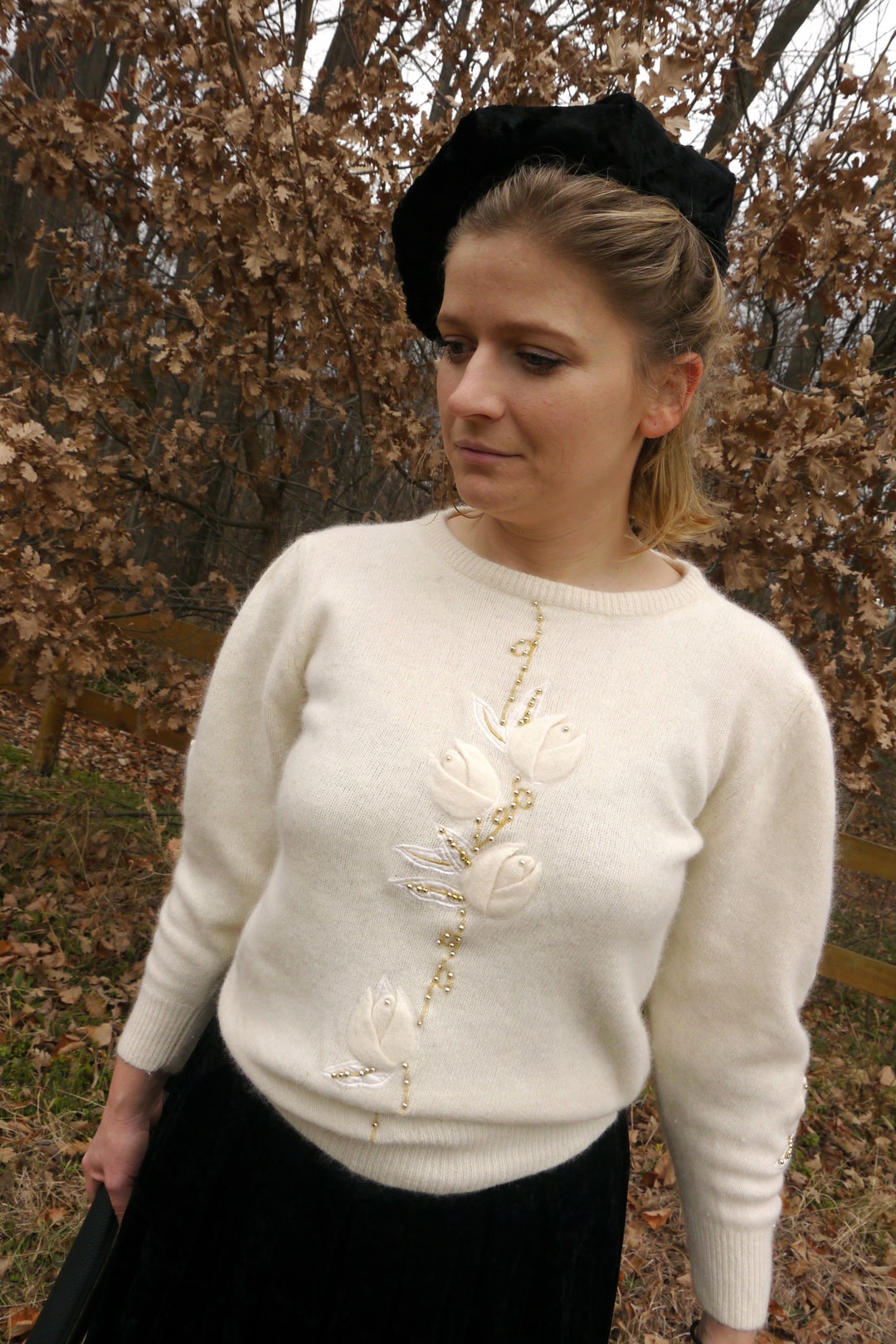 Vintage Angora Beaded Embellished Fluffy Wedding Sweater, Ivory Cream ...