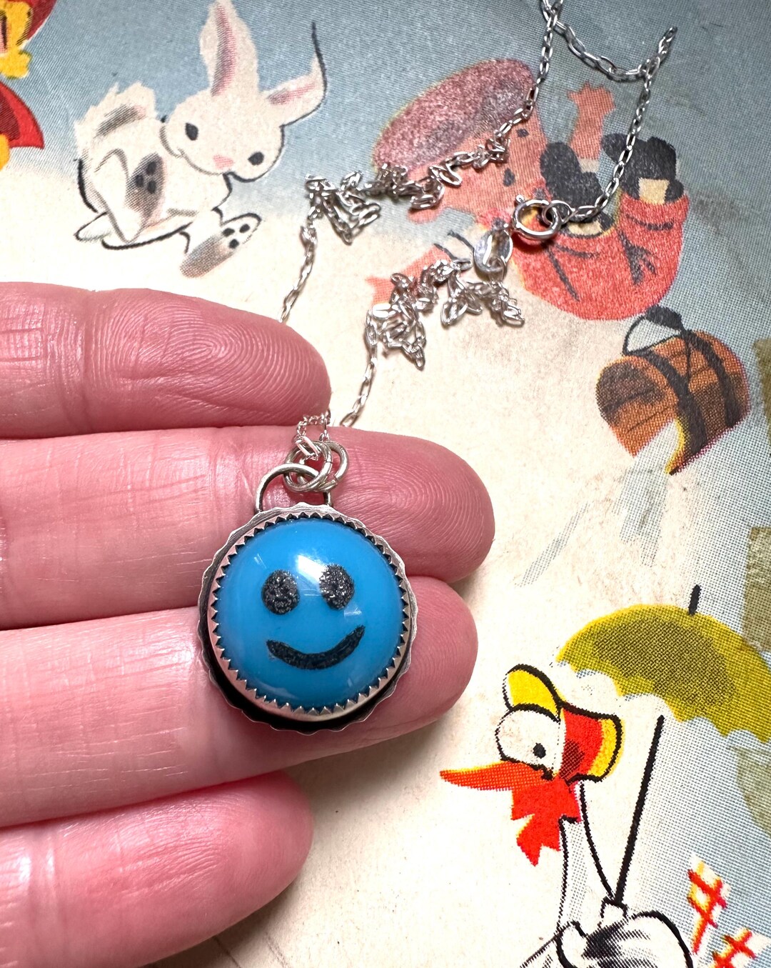 Fused Glass Happy Face Necklace: Sterling Silver Bezel, Handmade ...