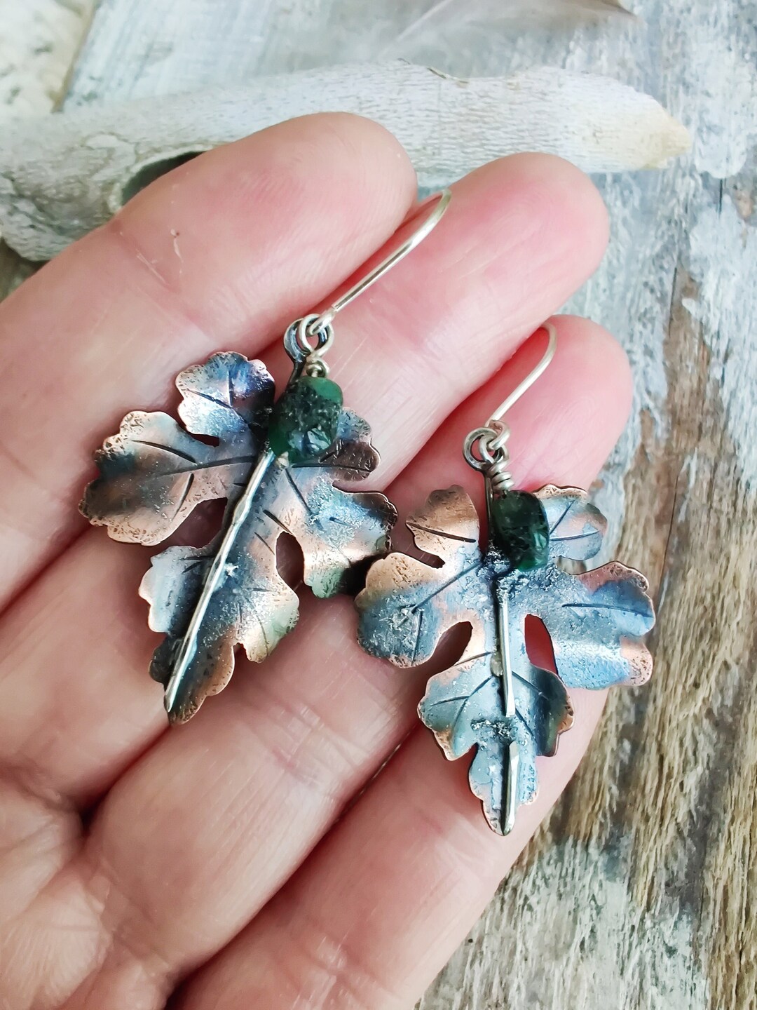 Handmade Copper Mulberry Leaf Earrings: Emerald & Sterling Silver - Etsy