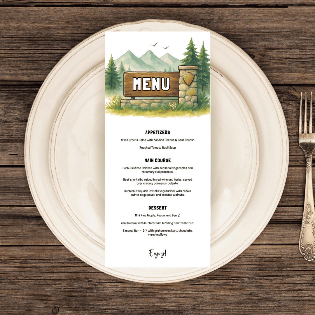 National Park Wedding Food Menu: Rustic Mountain Theme (digital ...