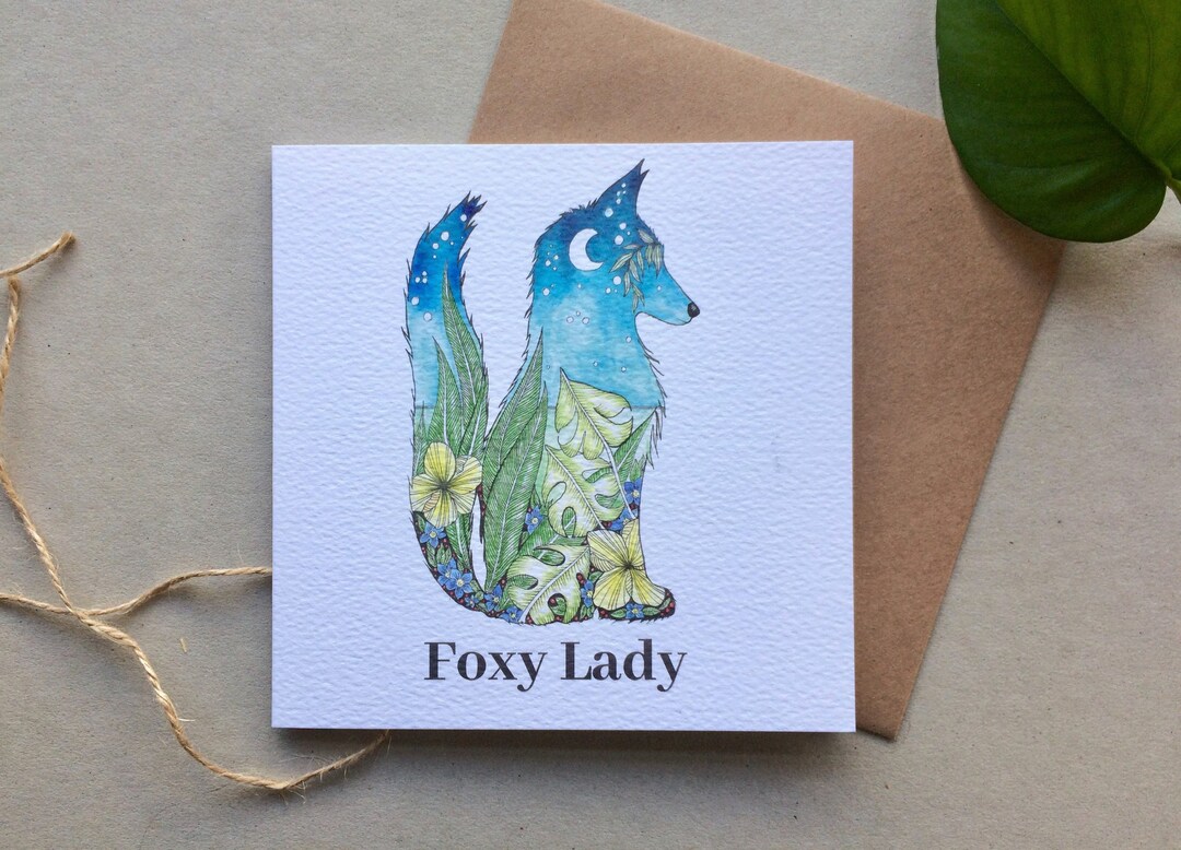 Fox Card, Greeting Card 'foxy Lady' Design. Fox Card, Blue Fox ...