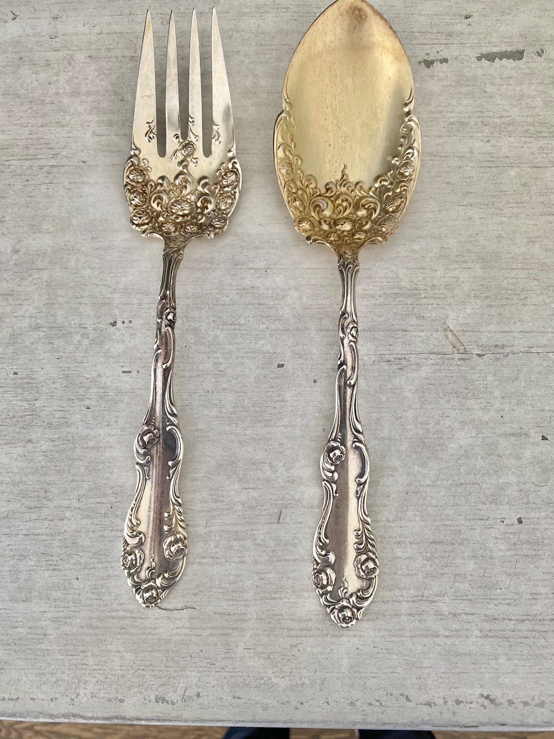 Rare Pat 1892 Sterling Silver Serving Fork & Spoon Gold Wash Towle Old ...
