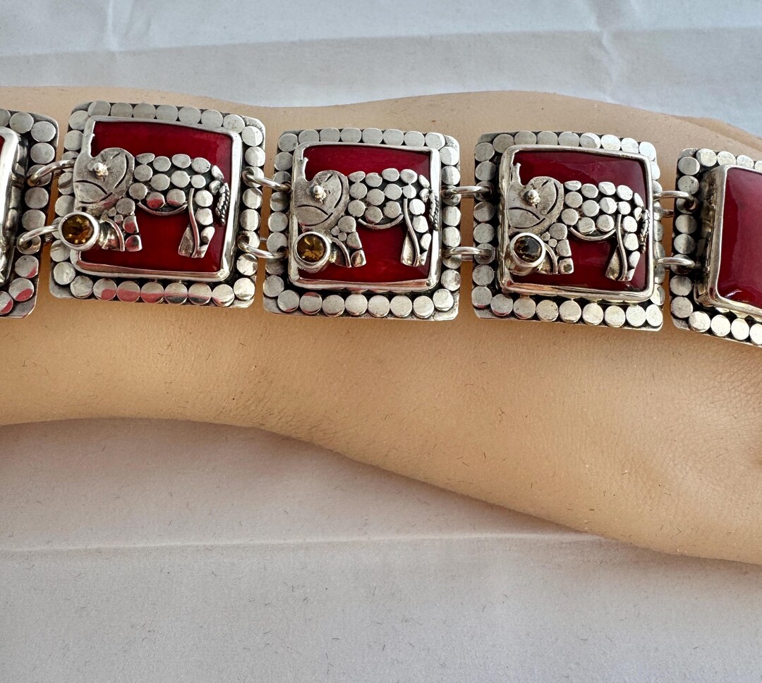 Red Jasper 3 Elephants 5 Panel 3 Citrine Gemstone Bracelet 34.2 Gram ...