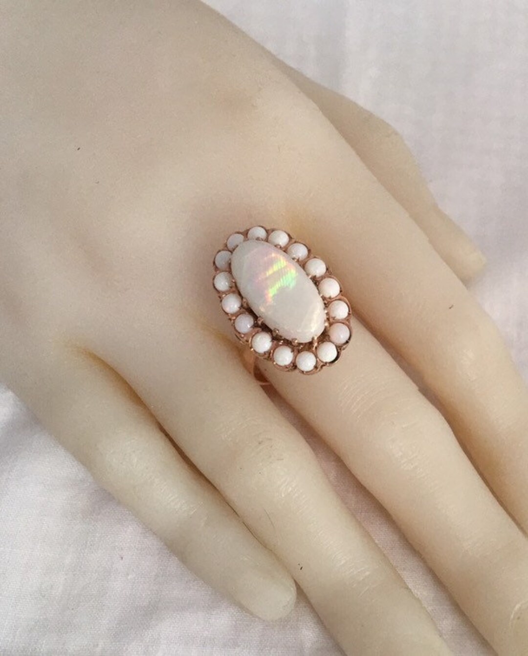 14K Gold 6.8ct Solitaire Fiery Opal Cabochon 16 1.2ctw Round Genuine ...