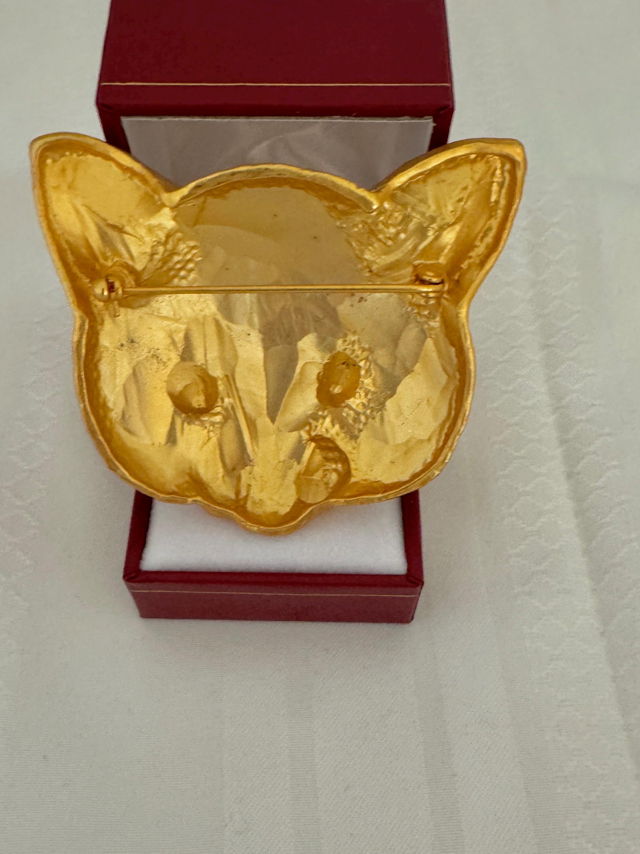 Large Gold Gilt Red Eye Cat Face Brooch Pin Camera Reflection No Dark ...