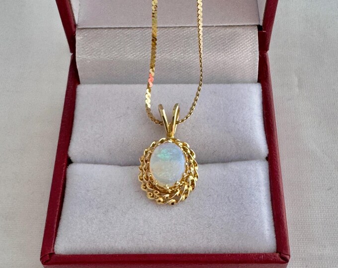 14K JGL Solid Gold Firey Opal Pendant 16” 14K Solid Gold S Pattern ...