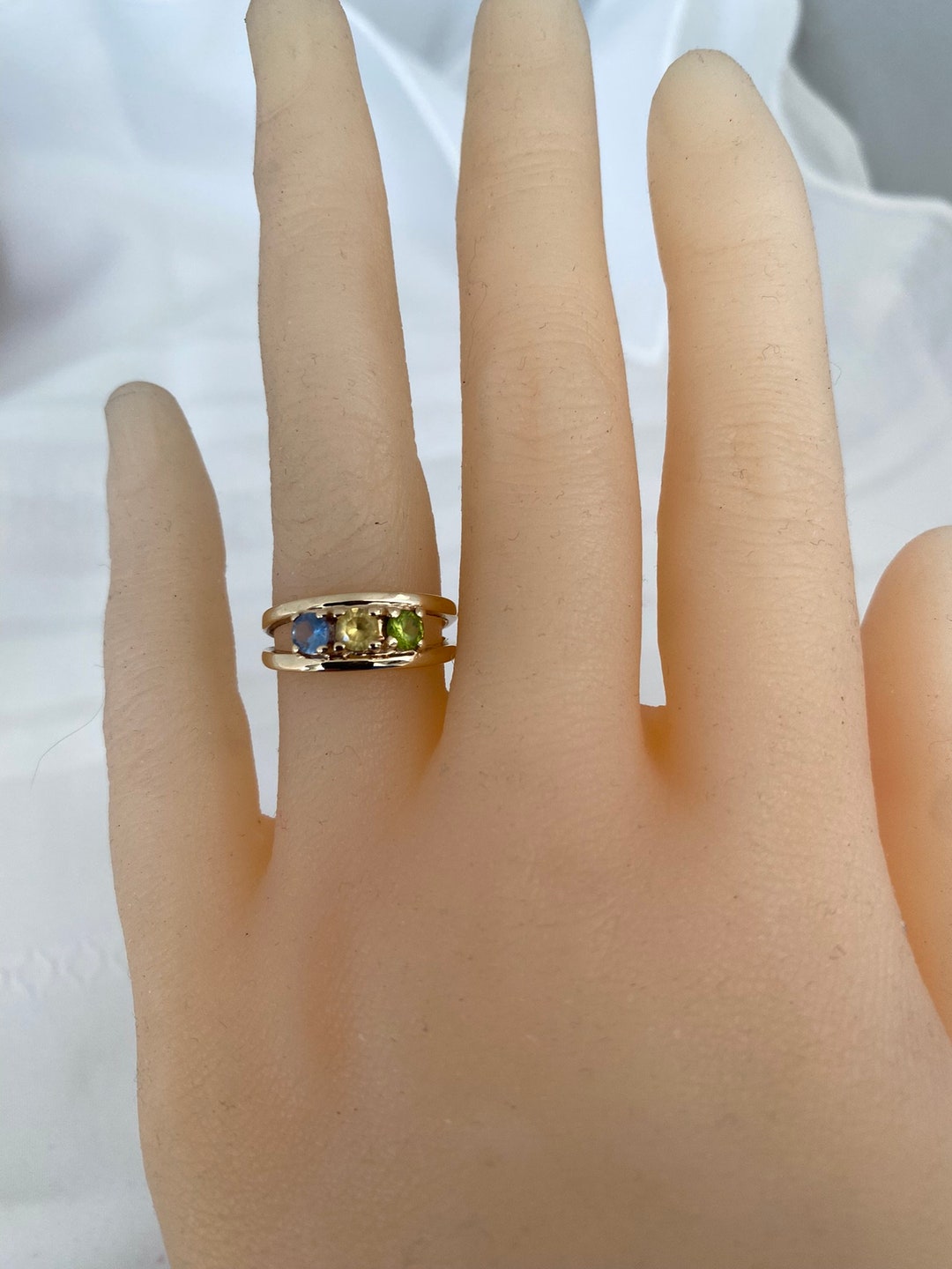 10K Solid Gold Split Band Gemstones Citrine Blue Topaz Peridot Yellow ...