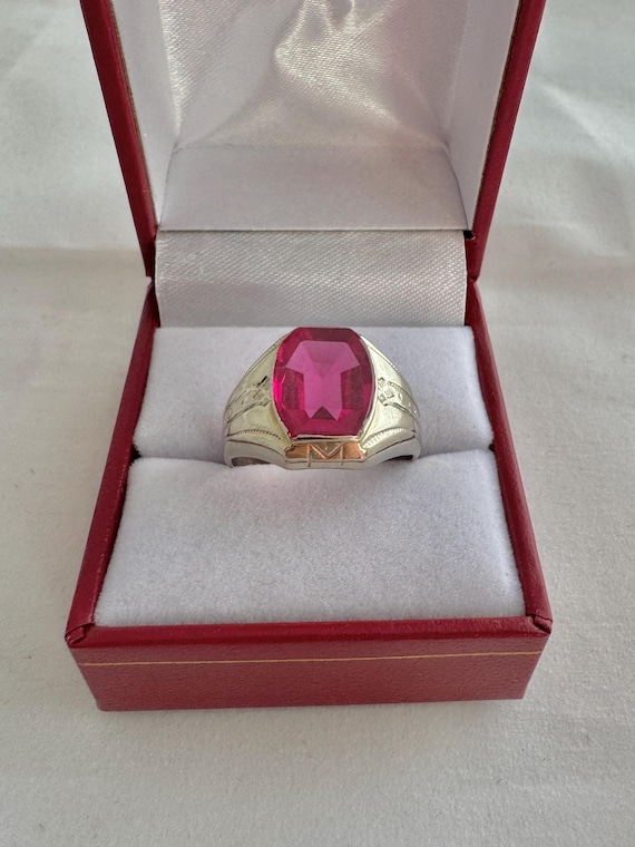 10K Solid White Gold Ruby Cushion Cut Solitaire Men!s… - Gem