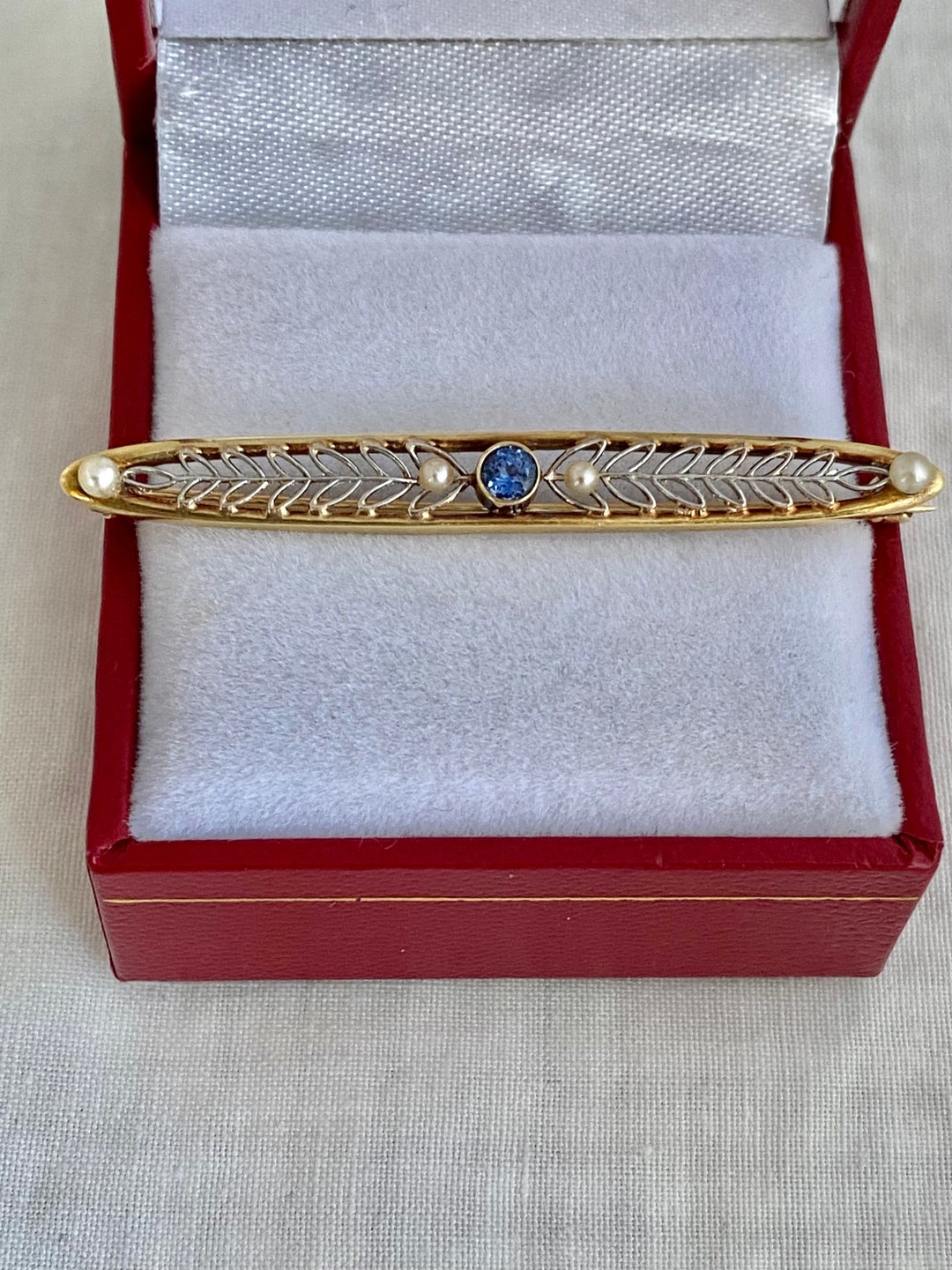 14K White Central Celine Sapphire Bezel Set 4 Cultured Pearls Bar Pin ...