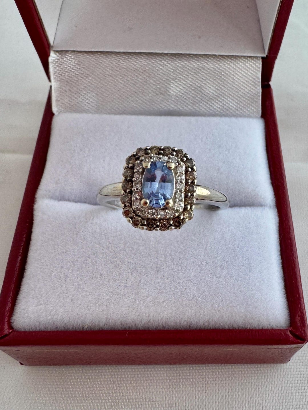 EFFY Solid 14k White Gold Tanzanite White & Champagne Diamond Halo Ring ...