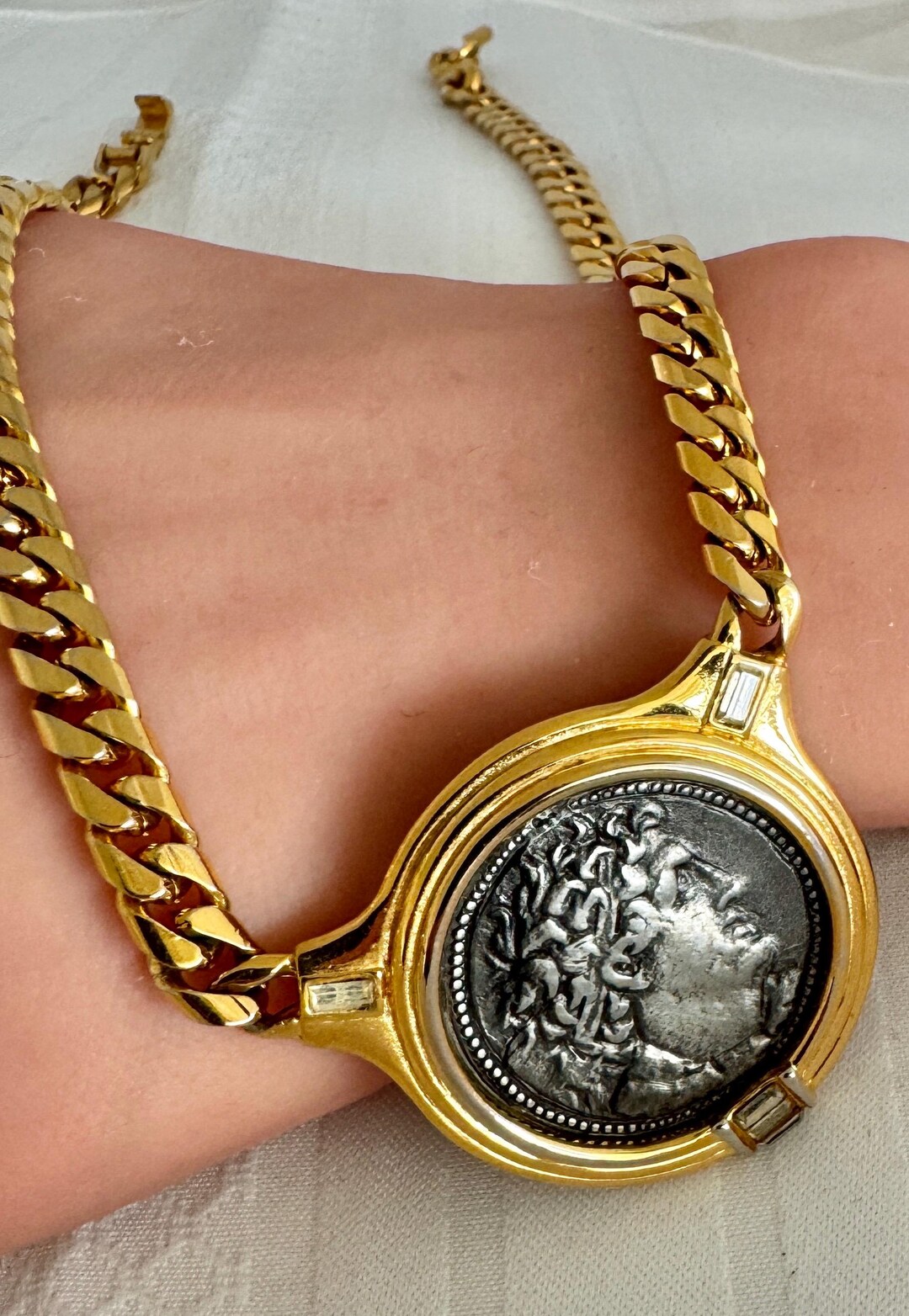 TAT Miami Curb Link Charm Statment Necklace Gunmetal Pewter Medallion ...