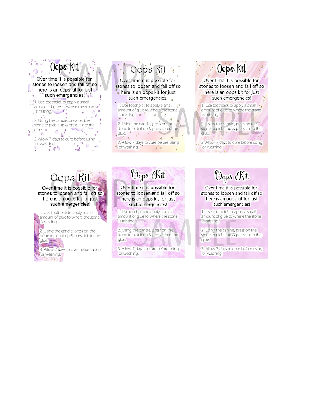 Set of 30 Rhinestone Tumbler Oops Kit Cards, Fixing Instructions ...