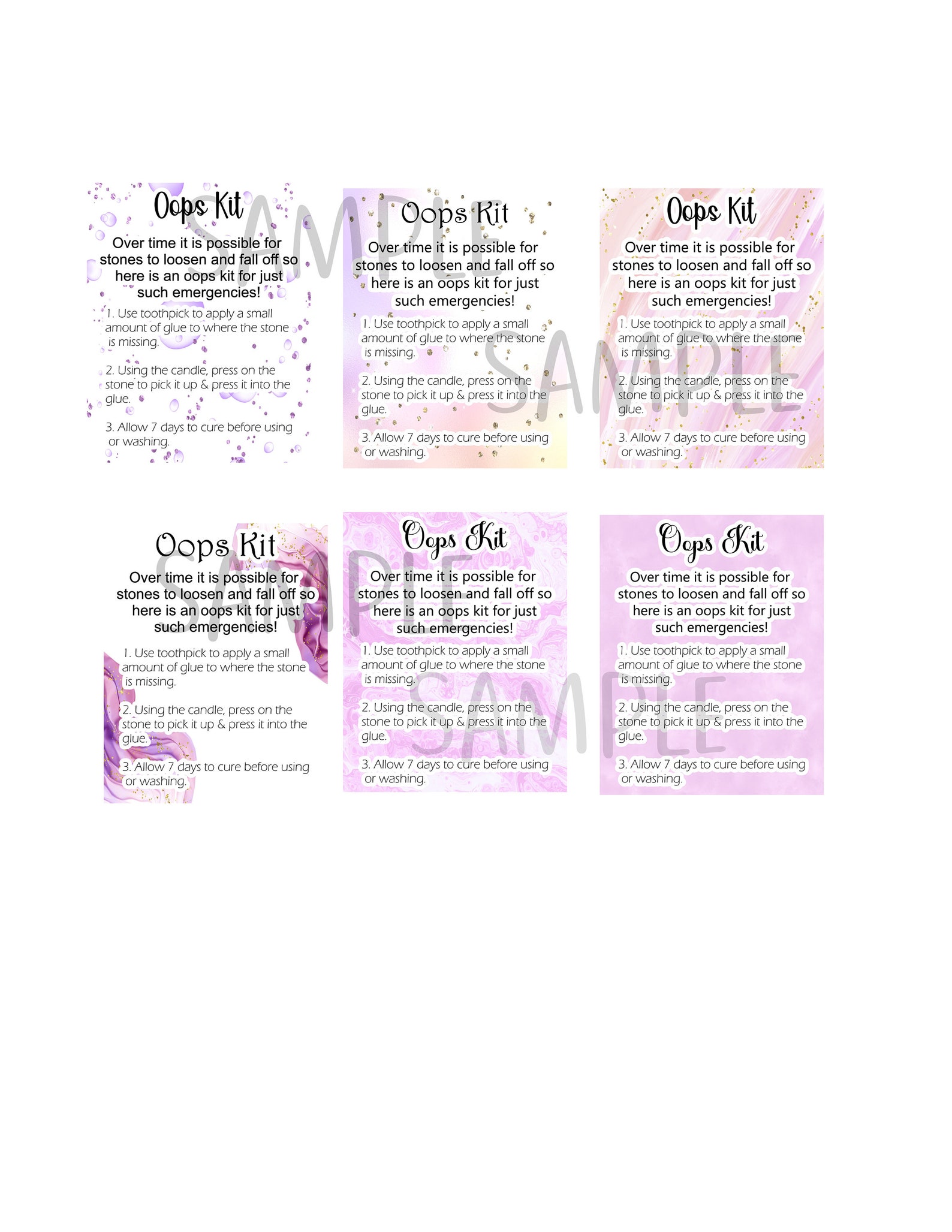 Set of 30 Rhinestone Tumbler Oops Kit Cards, Fixing Instructions ...