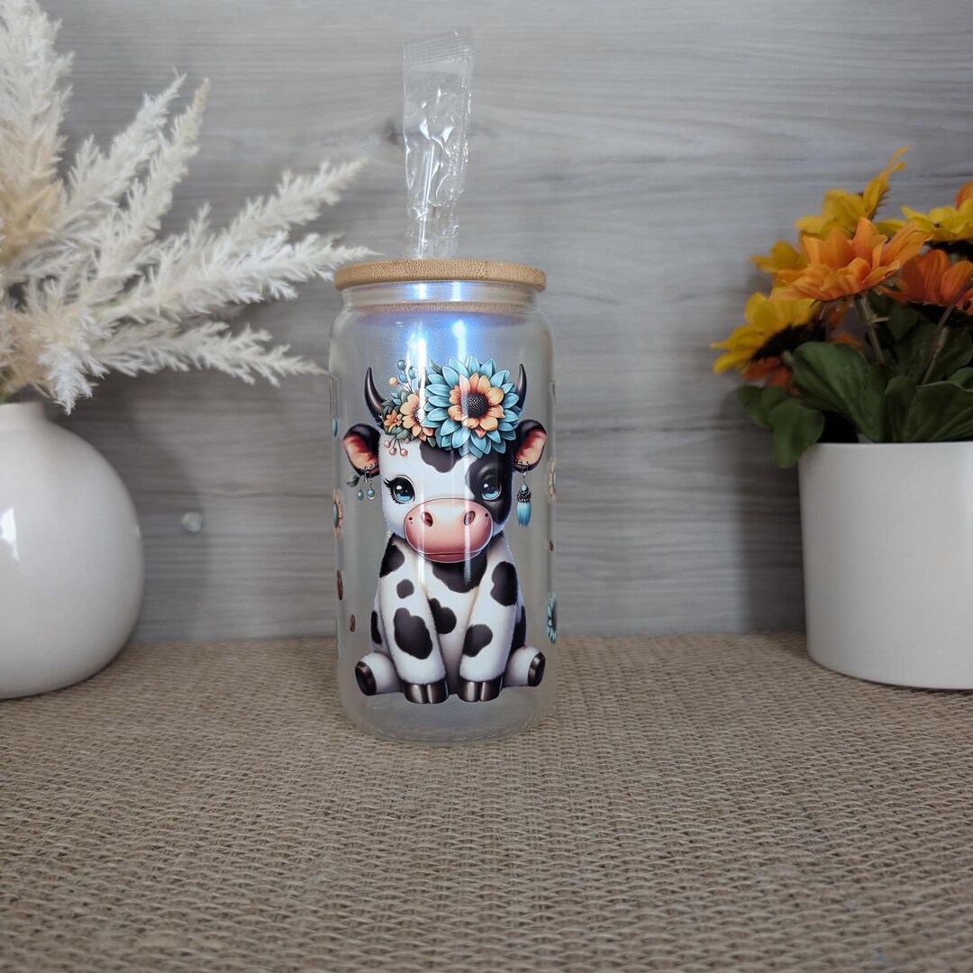 Cow Themed Drinking Glass, 16oz Frosted Cow Glass, UVDTF Cow Design ...