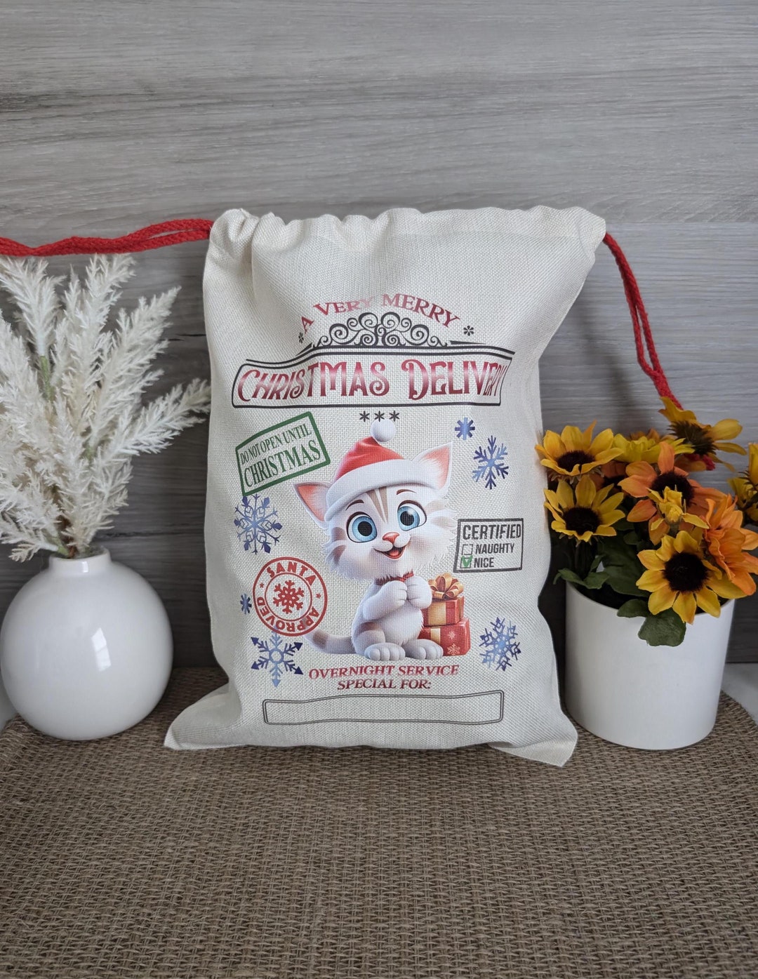 SMALL Santa Sack, Christmas Sack, Santa Gift Bag, Kitty Design Gift Bag ...